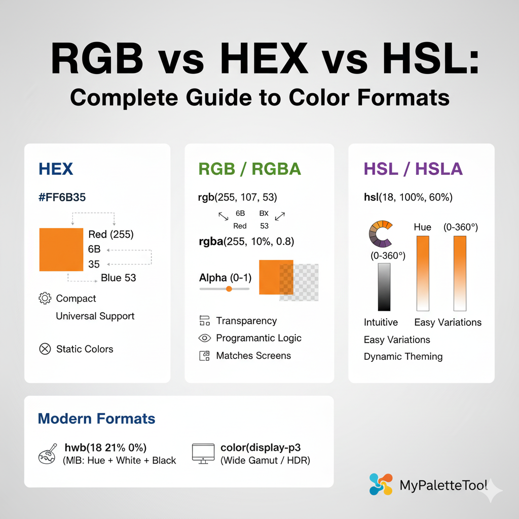 RGB vs HEX vs HSL: Complete Color Format Guide | MyPaletteTool